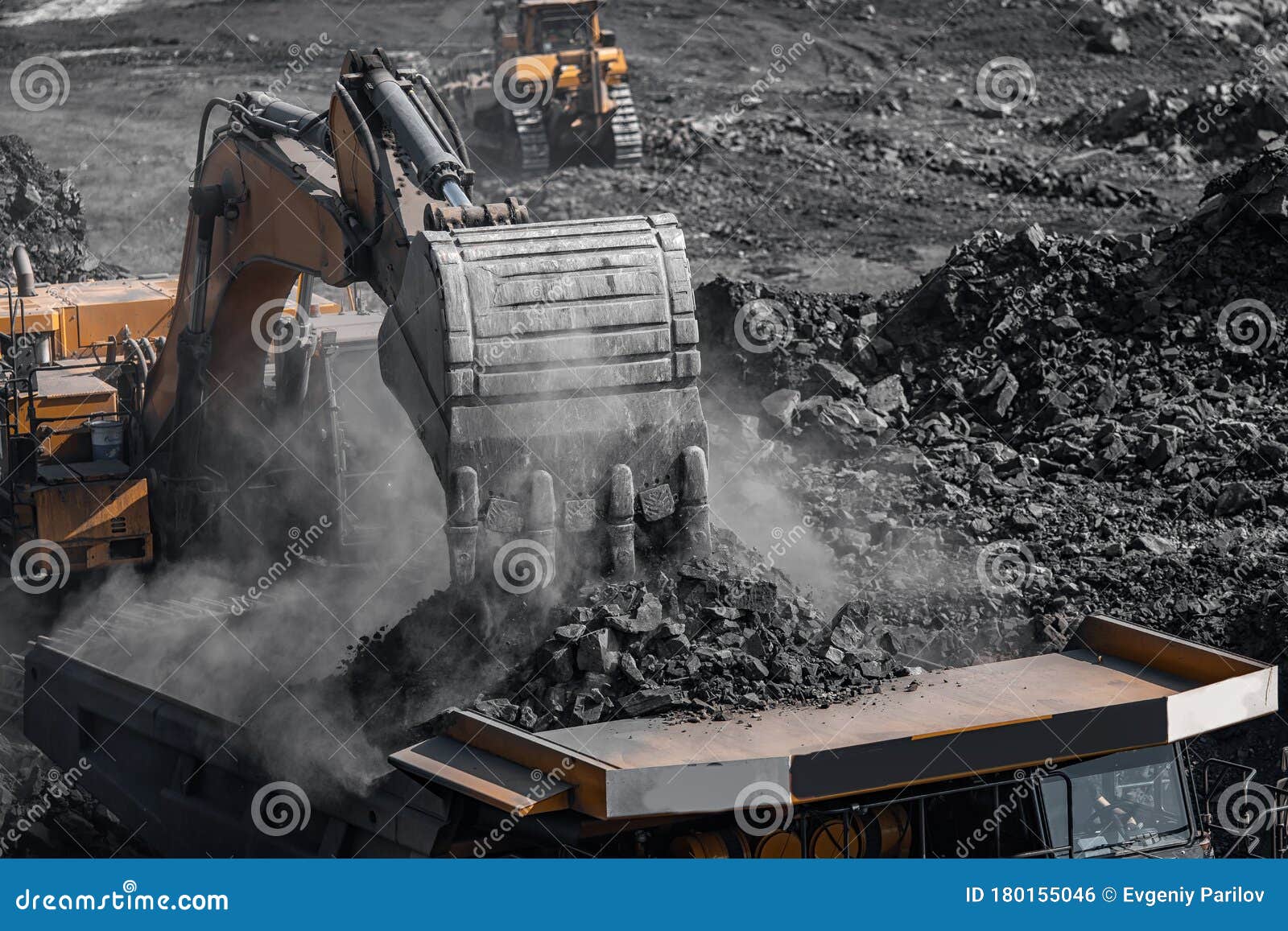 Open Pit Mine Industry. Excavator Work Loading of Coal into Yellow ...