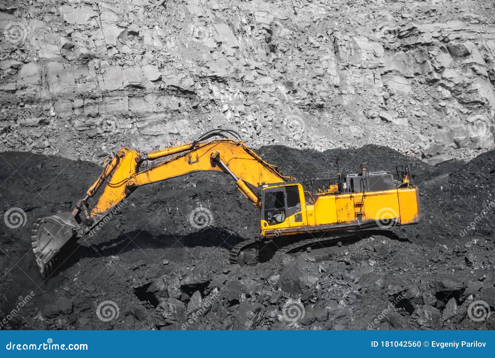 Open Pit Mine Industry Work of Large Yellow Excavator for Loading and ...