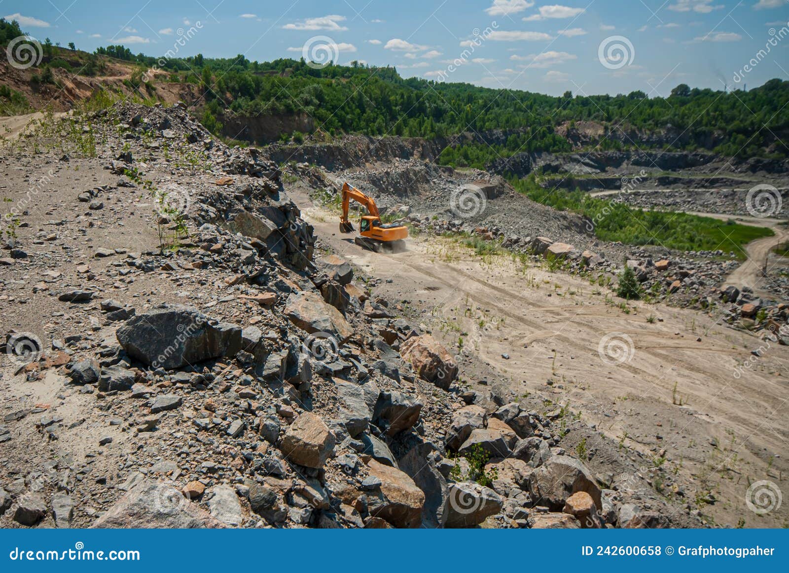 Open Pit Mining and Loading of Granite Stock Photo - Image of excavator ...