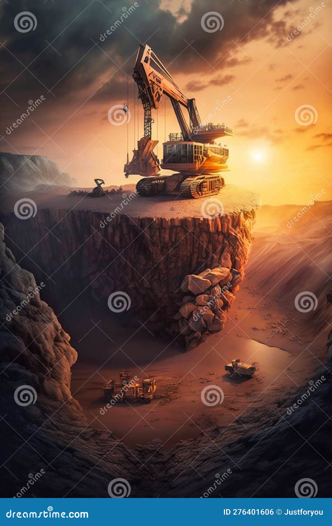 Open Pit Mining Operation at Sunset with an Excavator Mining a Wall ...
