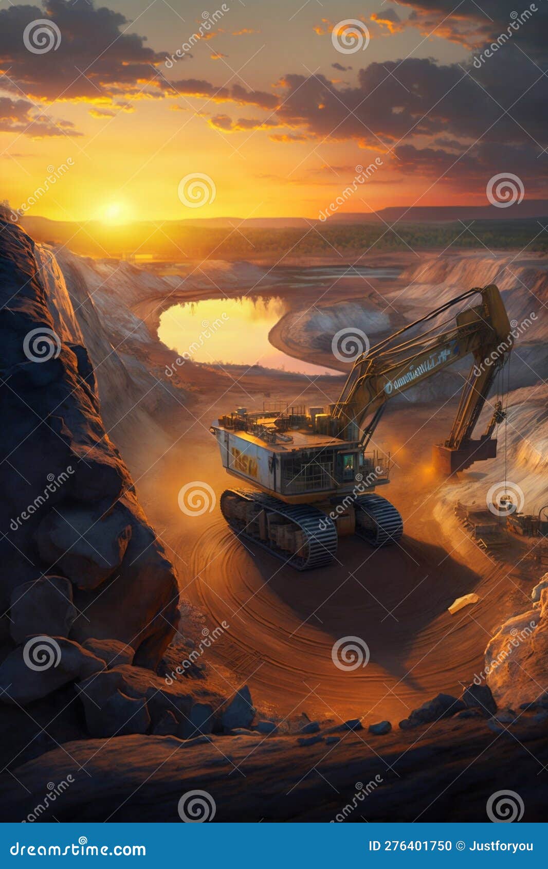 Open Pit Mining Operation at Sunset with an Excavator Mining a Wall ...