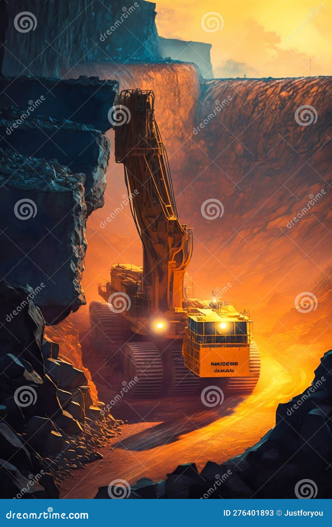 Open Pit Mining Operation at Sunset with an Excavator Mining a Wall ...