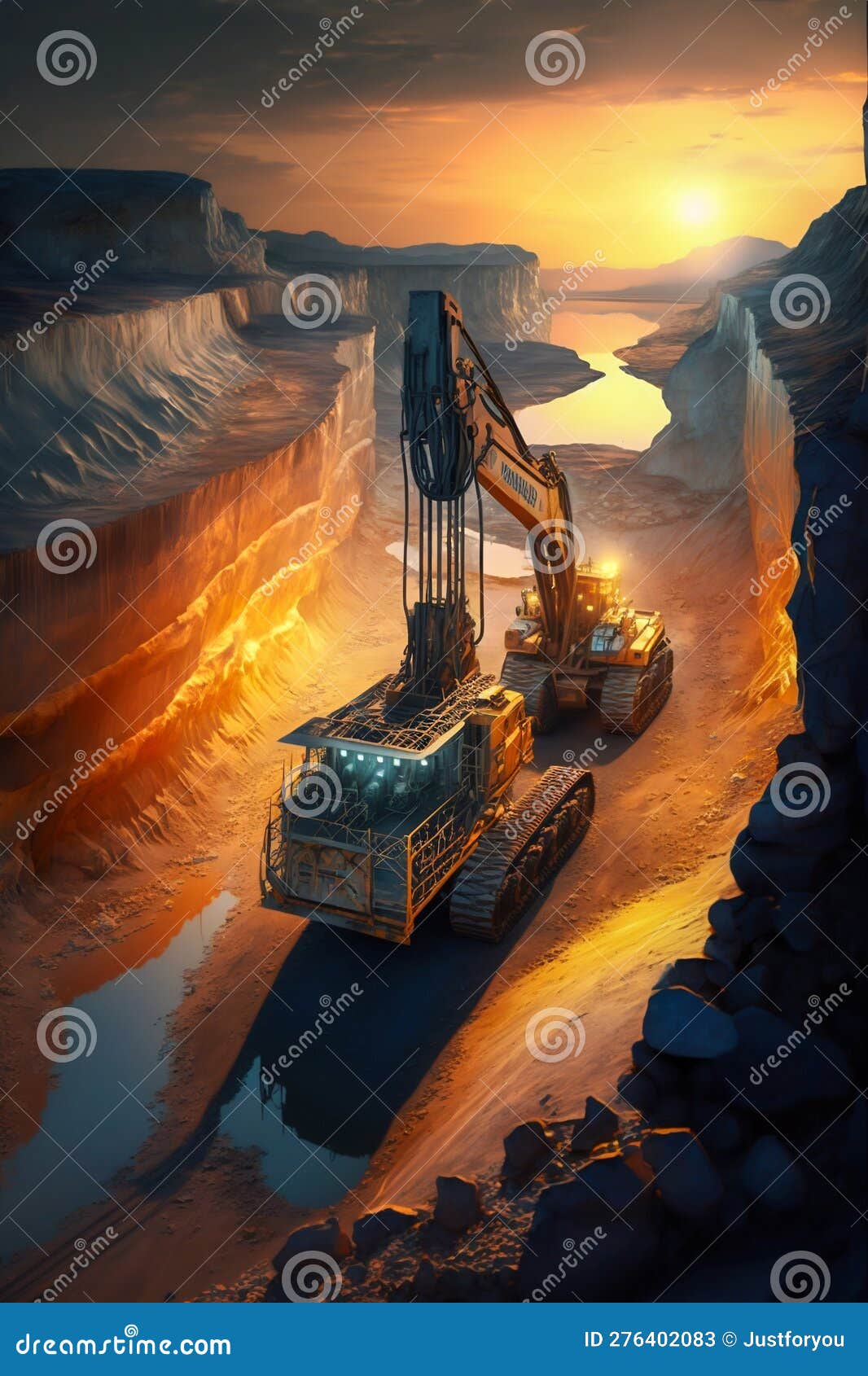 Open Pit Mining Operation at Sunset with an Excavator Mining a Wall ...