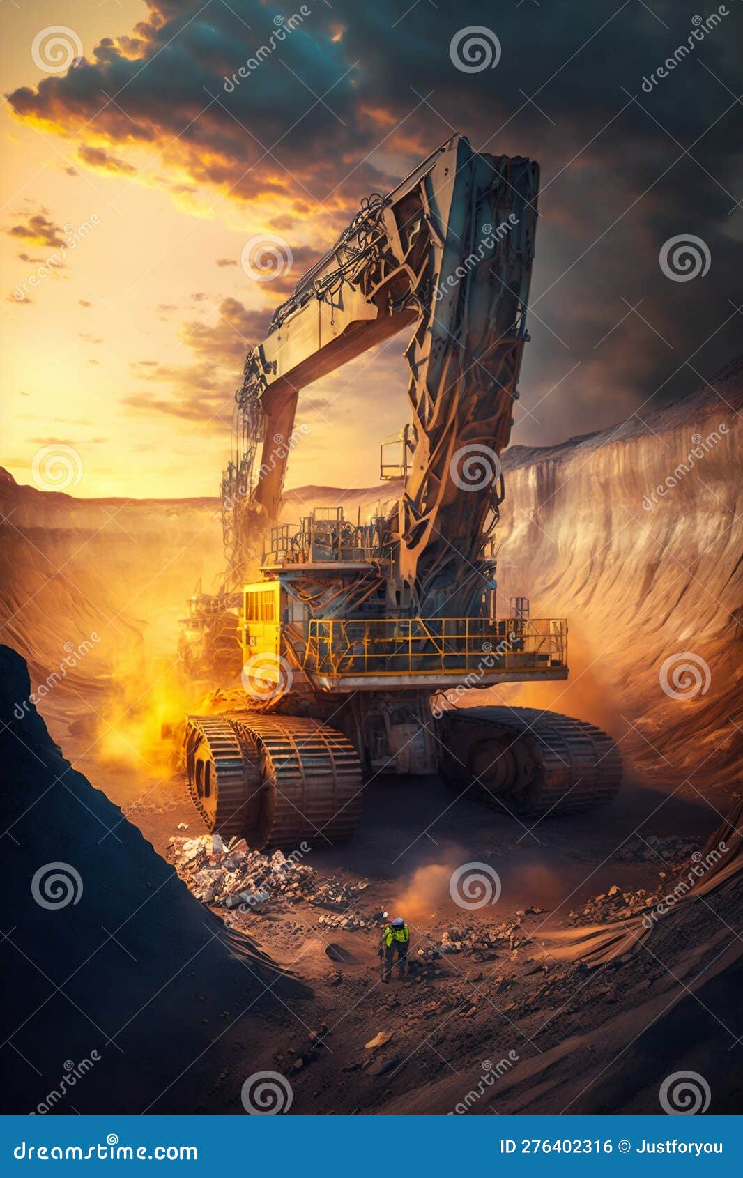 Open Pit Mining Operation at Sunset with an Excavator Mining a Wall ...
