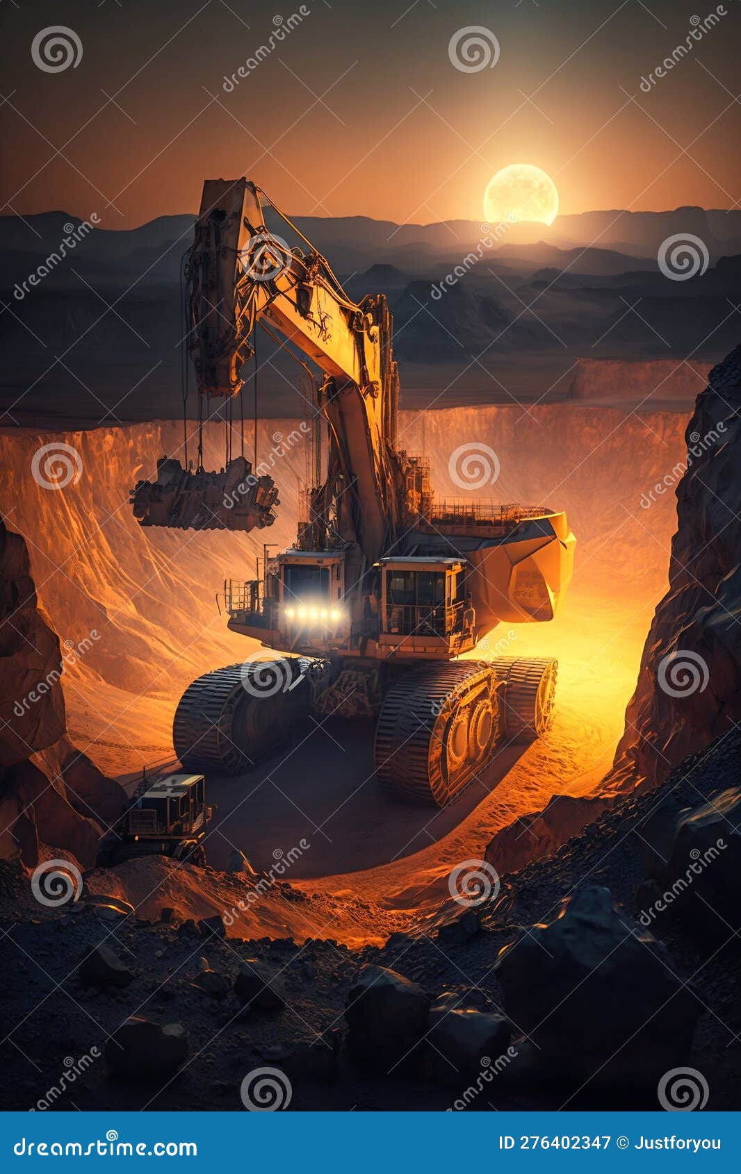 Open Pit Mining Operation at Sunset with an Excavator Mining a Wall ...