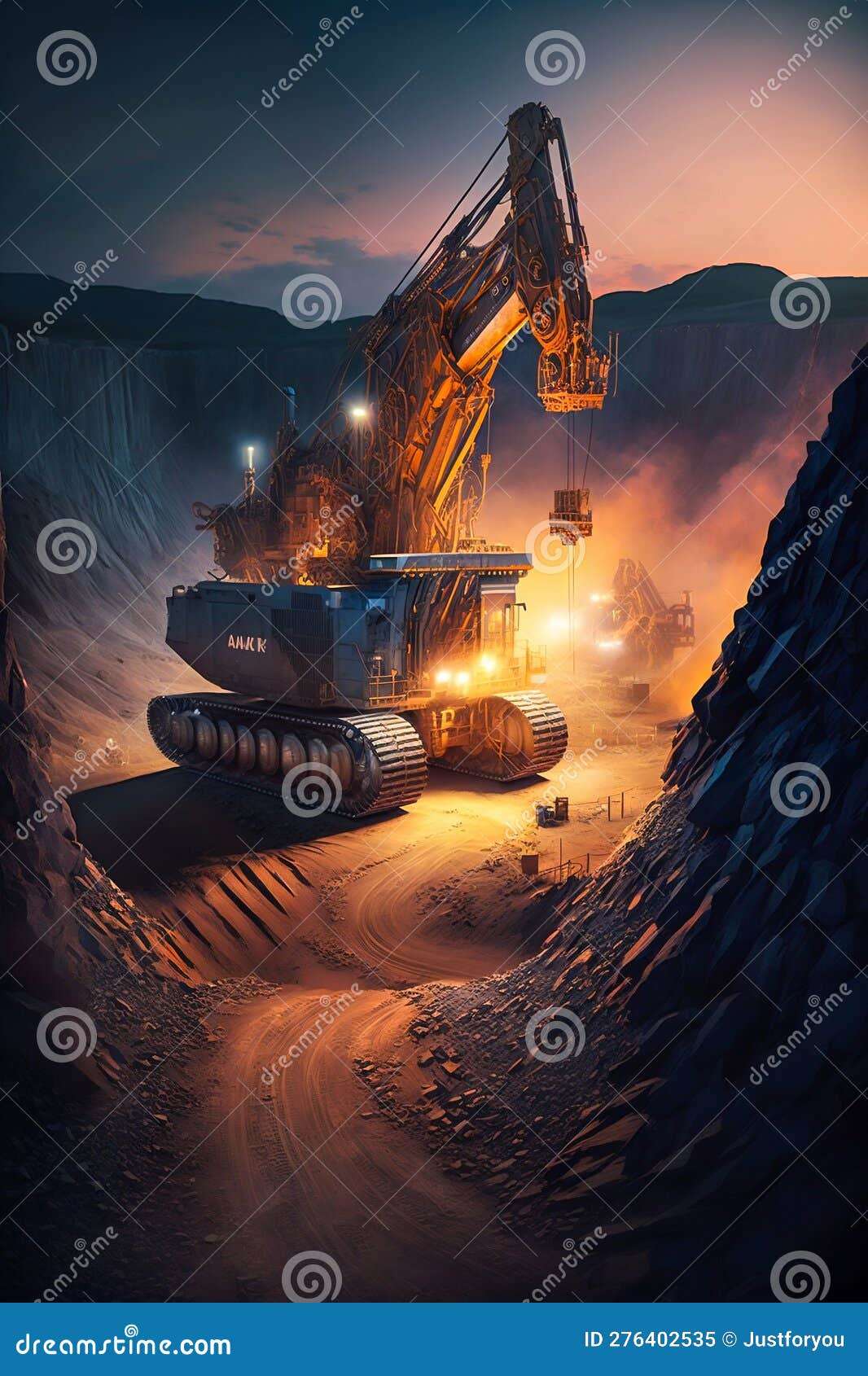 Open Pit Mining Operation at Sunset with an Excavator Mining a Wall ...