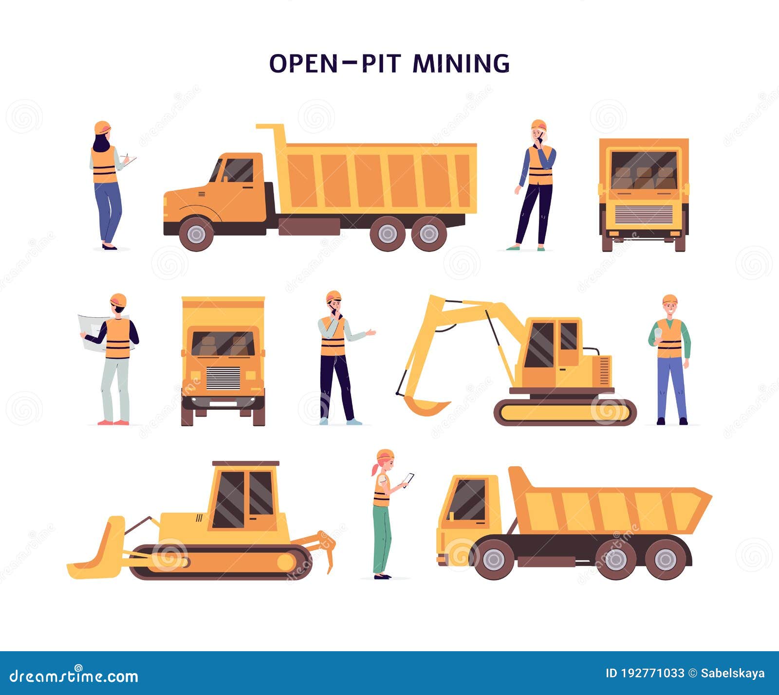 Open Pit Mining Set of Construction Equipment Flat Vector Illustration ...