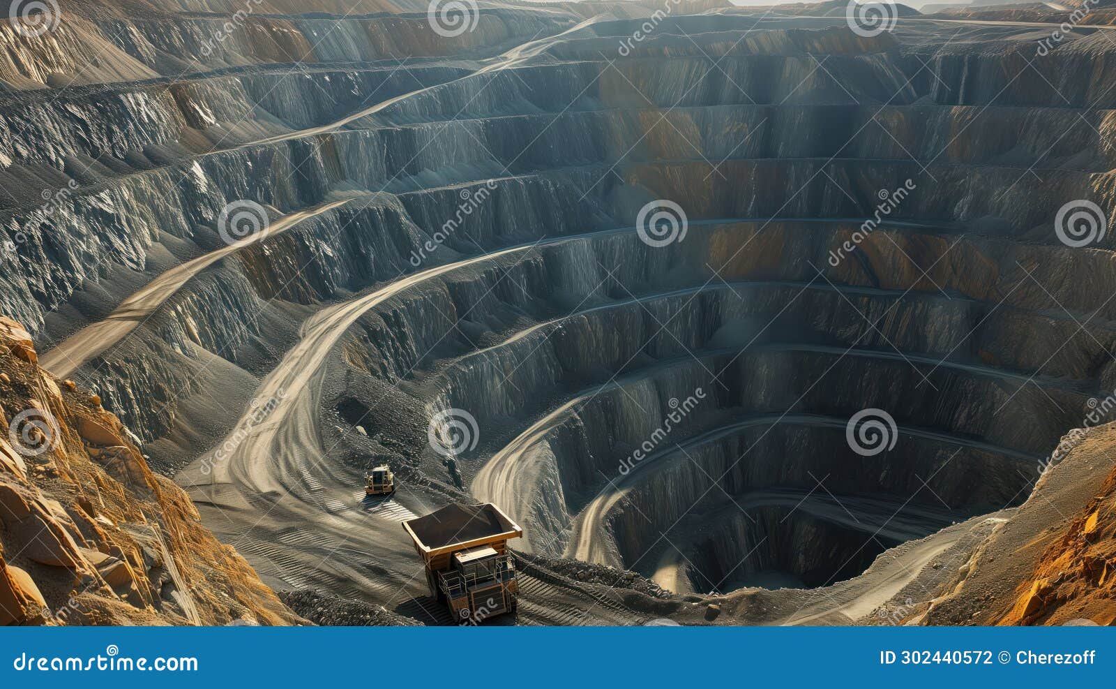 An Open Pit with Working Machines and Trucks Stock Photo - Image of ...