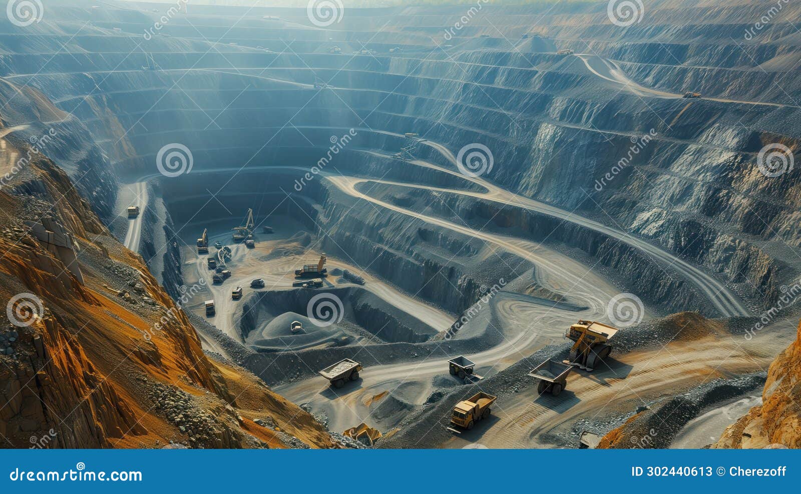 An Open Pit with Working Machines and Trucks Stock Image - Image of ...