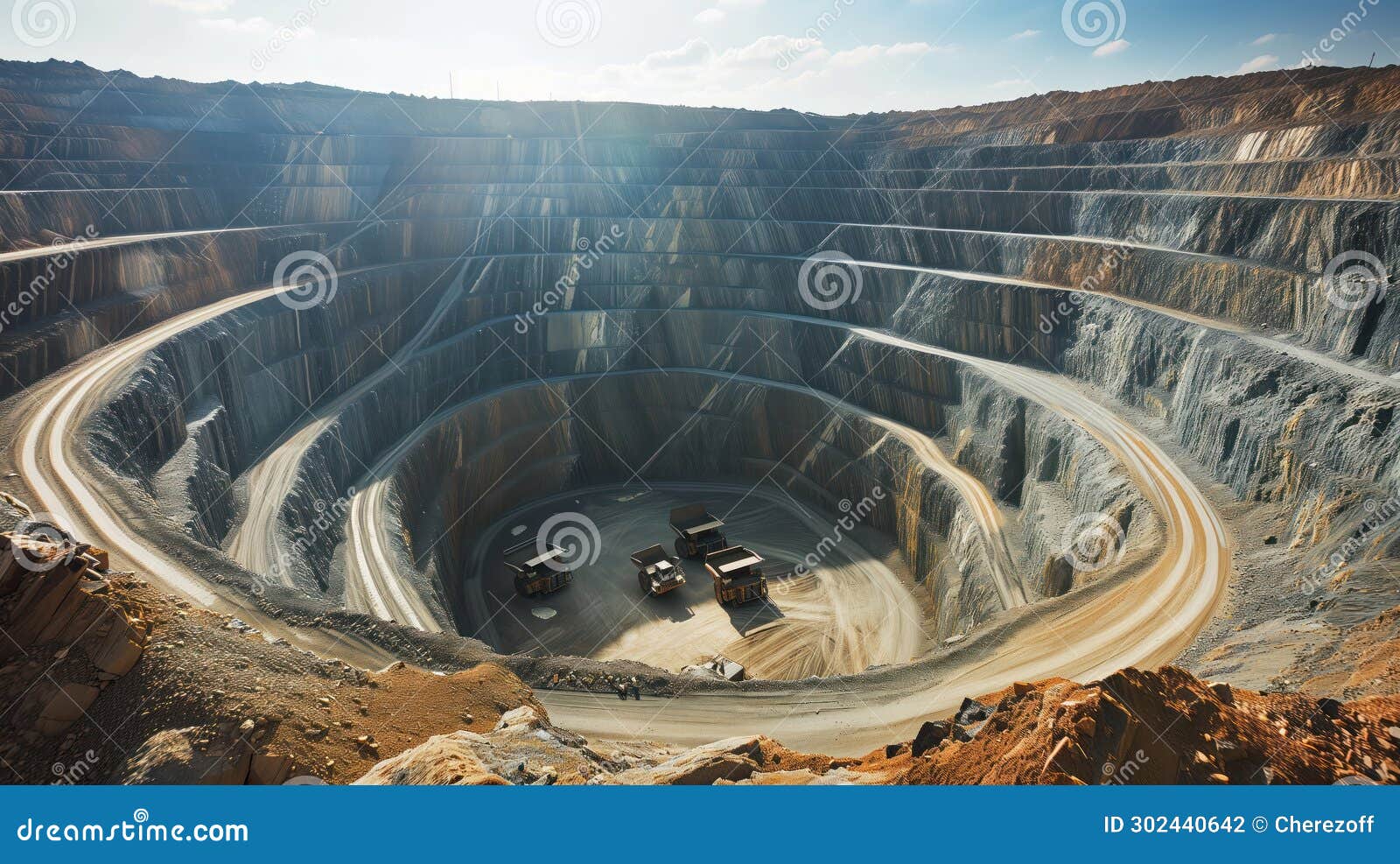 An Open Pit with Working Machines and Trucks Stock Photo - Image of ...