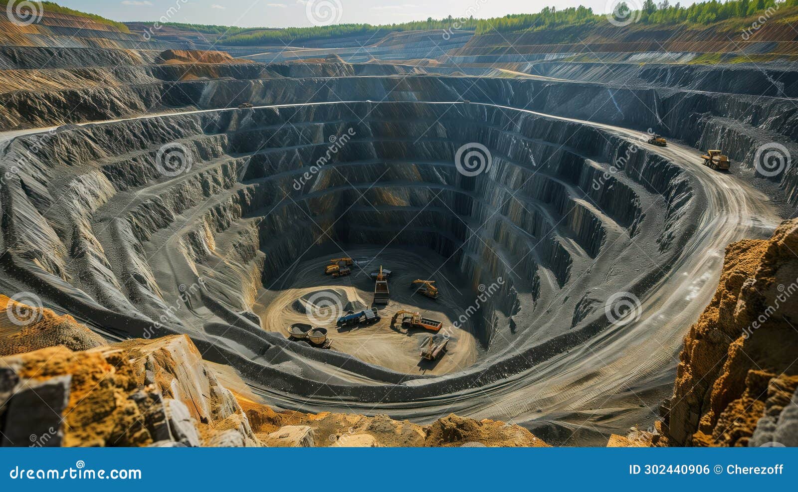 An Open Pit with Working Machines and Trucks Stock Photo - Image of ...