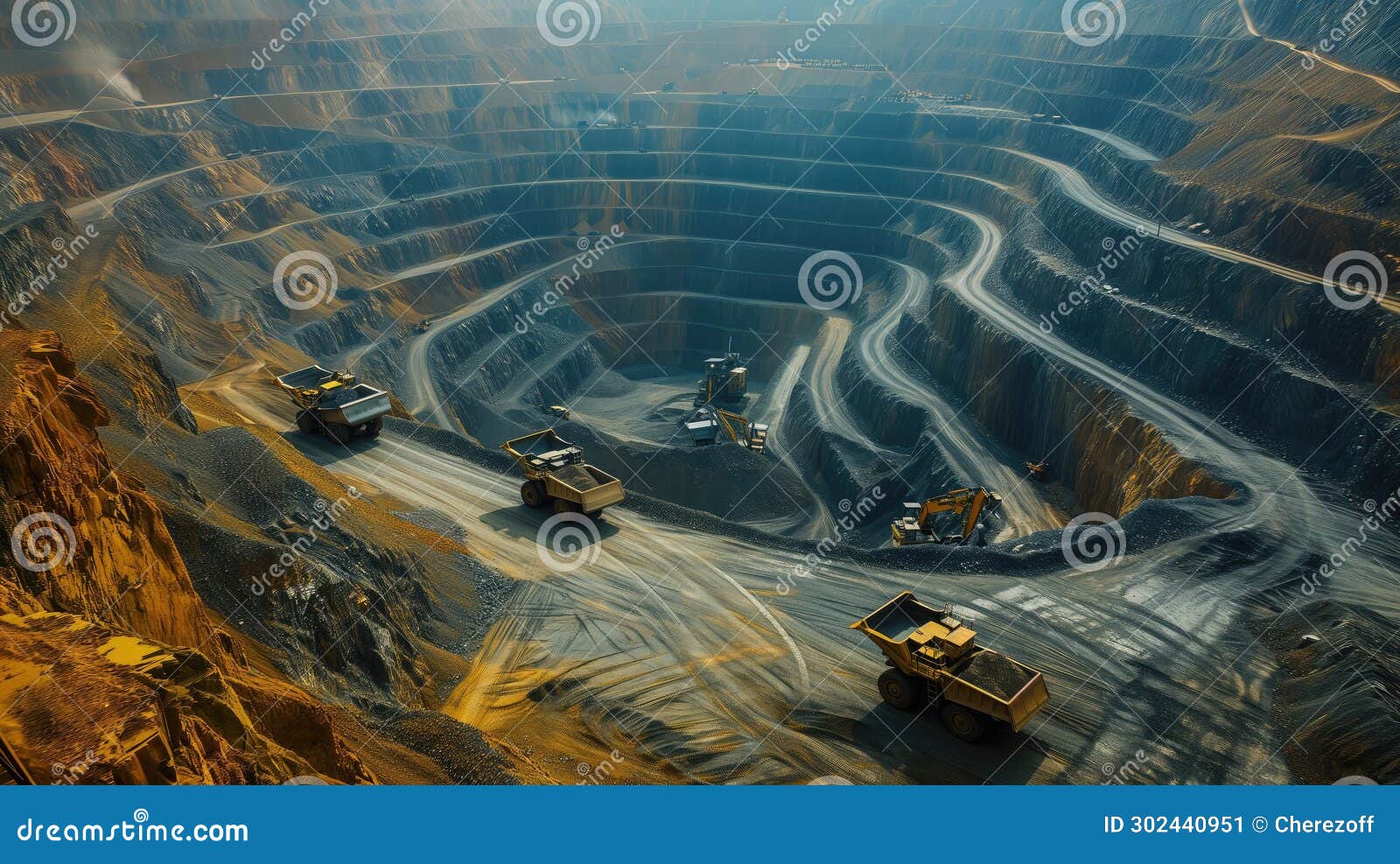 An Open Pit with Working Machines and Trucks Stock Image - Image of ...