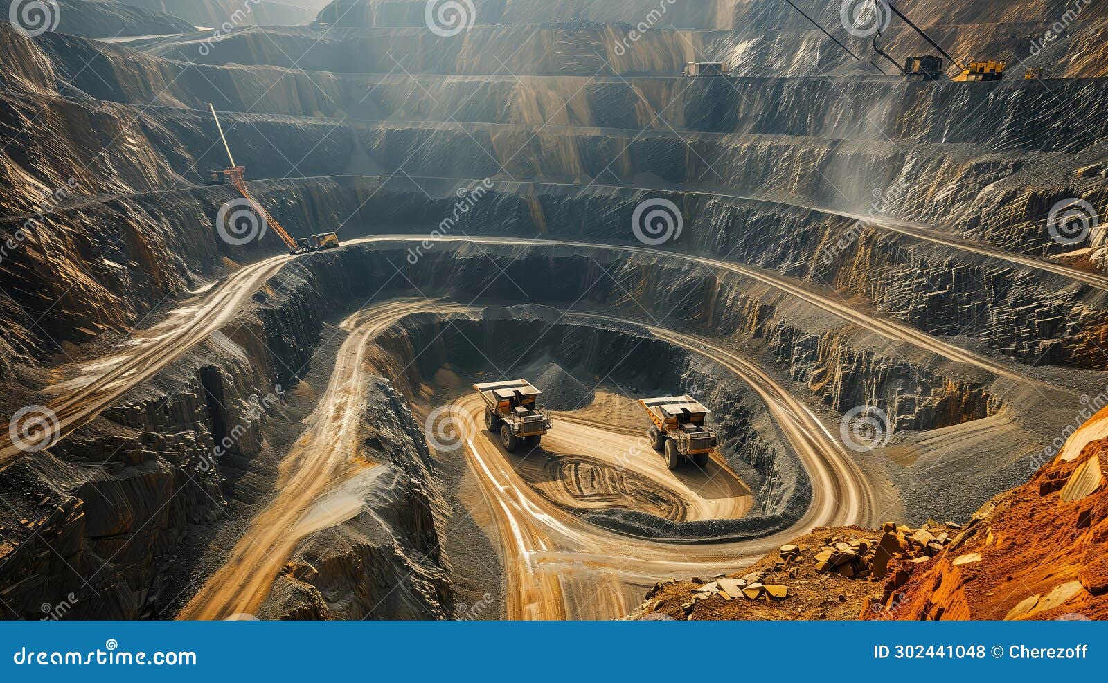 An Open Pit with Working Machines and Trucks Stock Photo - Image of ...