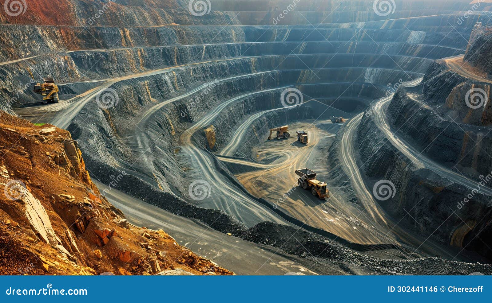 An Open Pit with Working Machines and Trucks Stock Photo - Image of ...