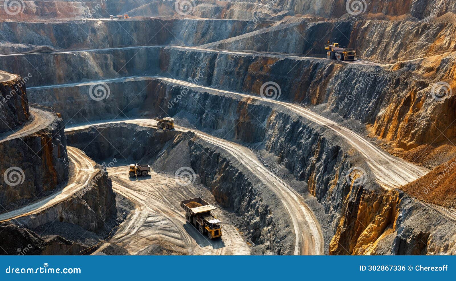 An Open Pit with Working Machines and Trucks Stock Photo - Image of ...