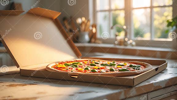 Open Pizza Box Displaying Fresh Pizza on Kitchen Counter with Natural ...