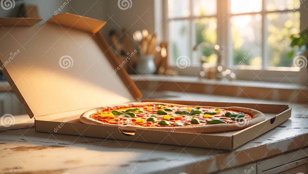 Open Pizza Box Displaying Fresh Pizza on Kitchen Counter with Natural ...