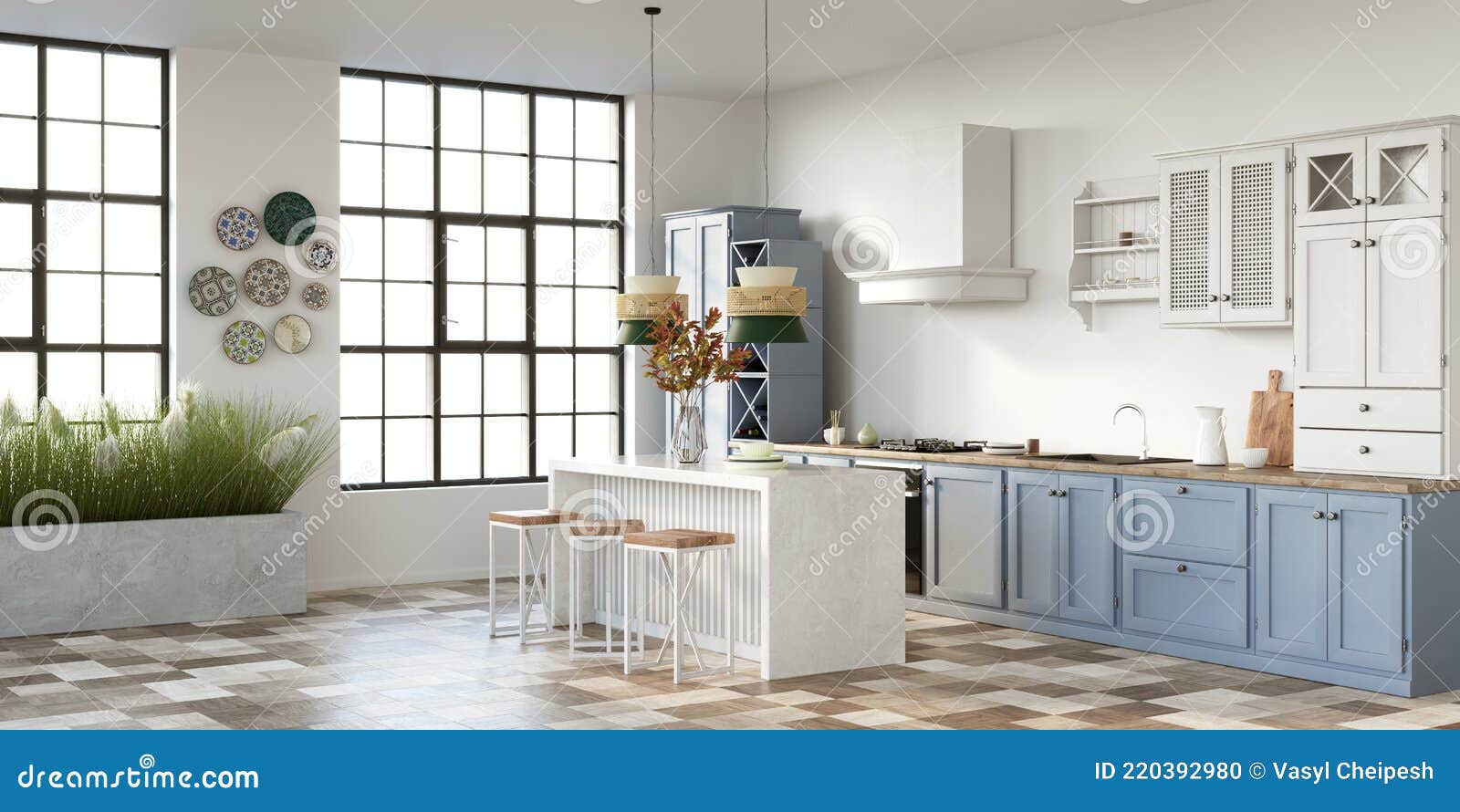 Open Plan Classic Kitchen, 3d Render Stock Illustration - Illustration ...