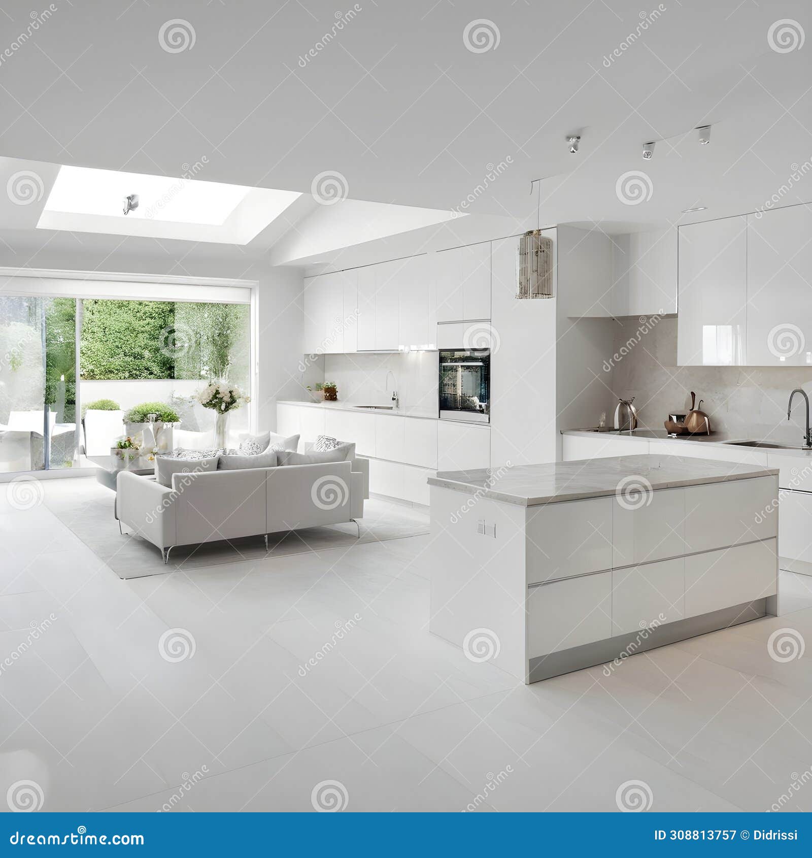 Open-plan Interior with a Luxurious Living Room and White Kitchen ...