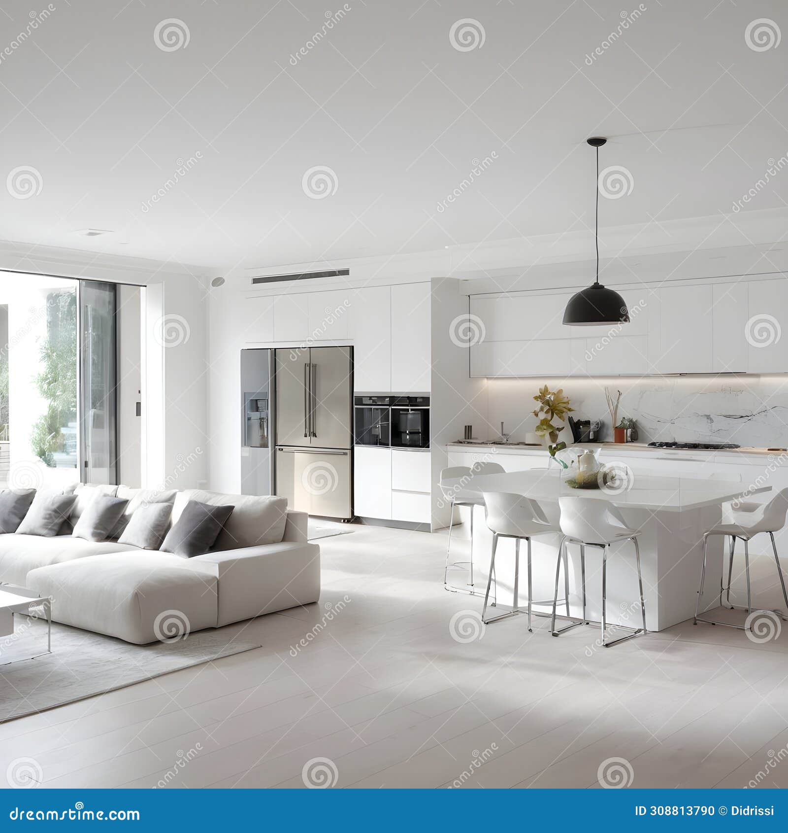 Open-plan Interior with a Luxurious Living Room and White Kitchen ...