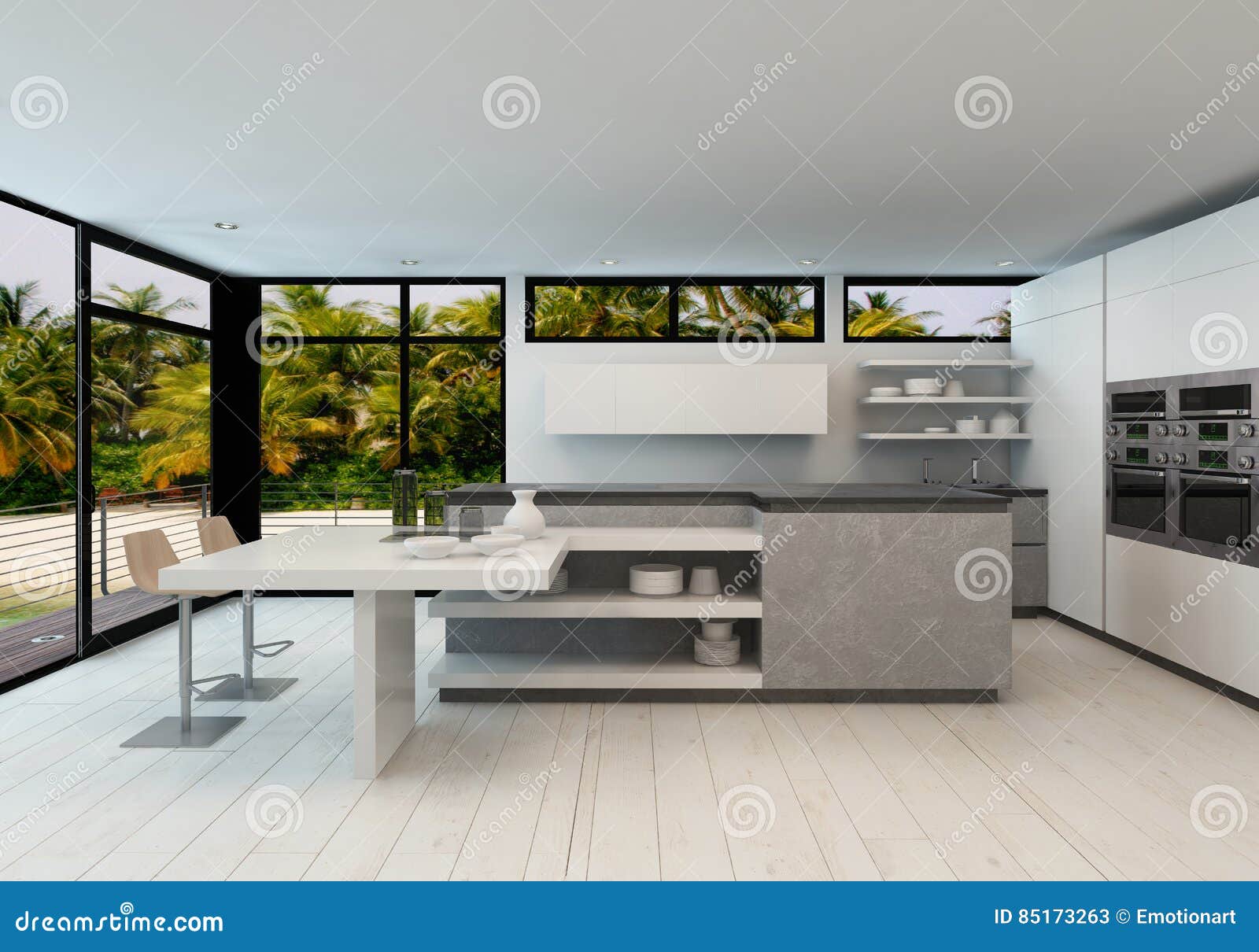 Open Plan Modern Kitchen in a Tropical Villa Stock Illustration ...