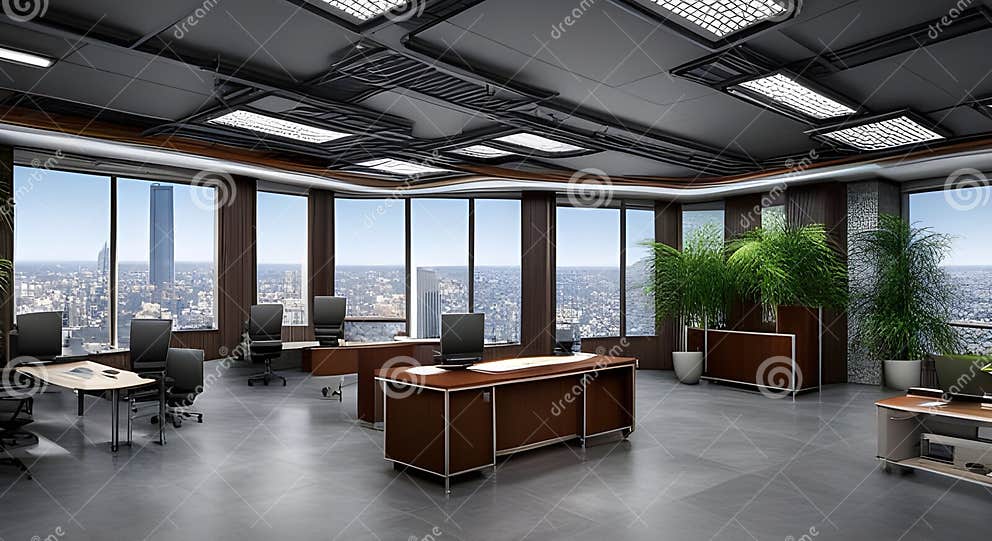 Open Plan Modern Office, Spacious with Tall Windows Stock Illustration ...