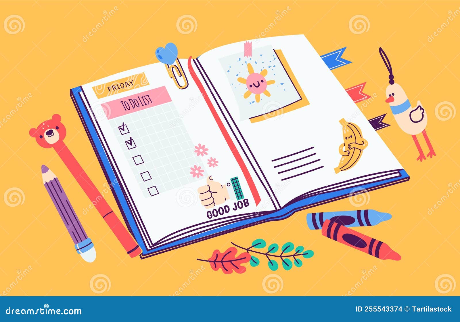 Open Planner. Cartoon Diary with Notes Reminder Checklist Plan Colorful ...