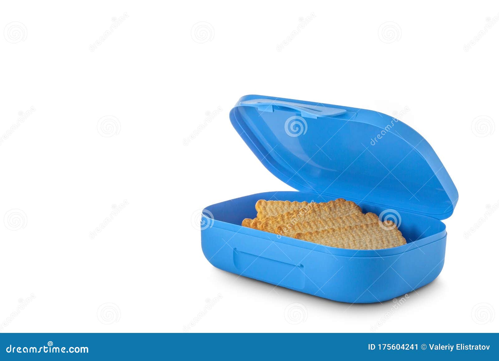An Open Plastic Blue Lunch Box Filled with Cookies on a White ...