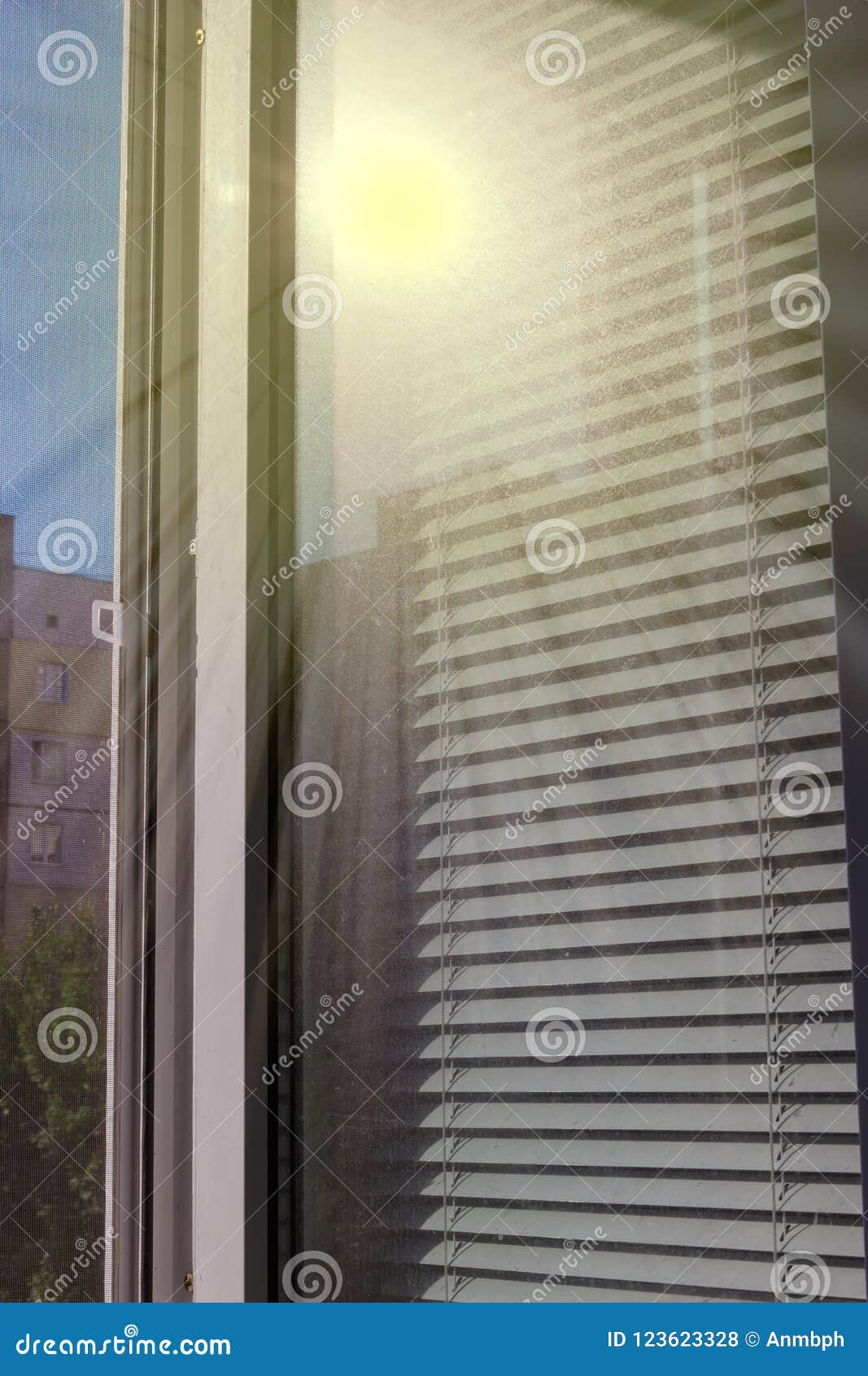 Open Plastic Window with Venetian Blinds and Mosquito Net Stock Photo ...