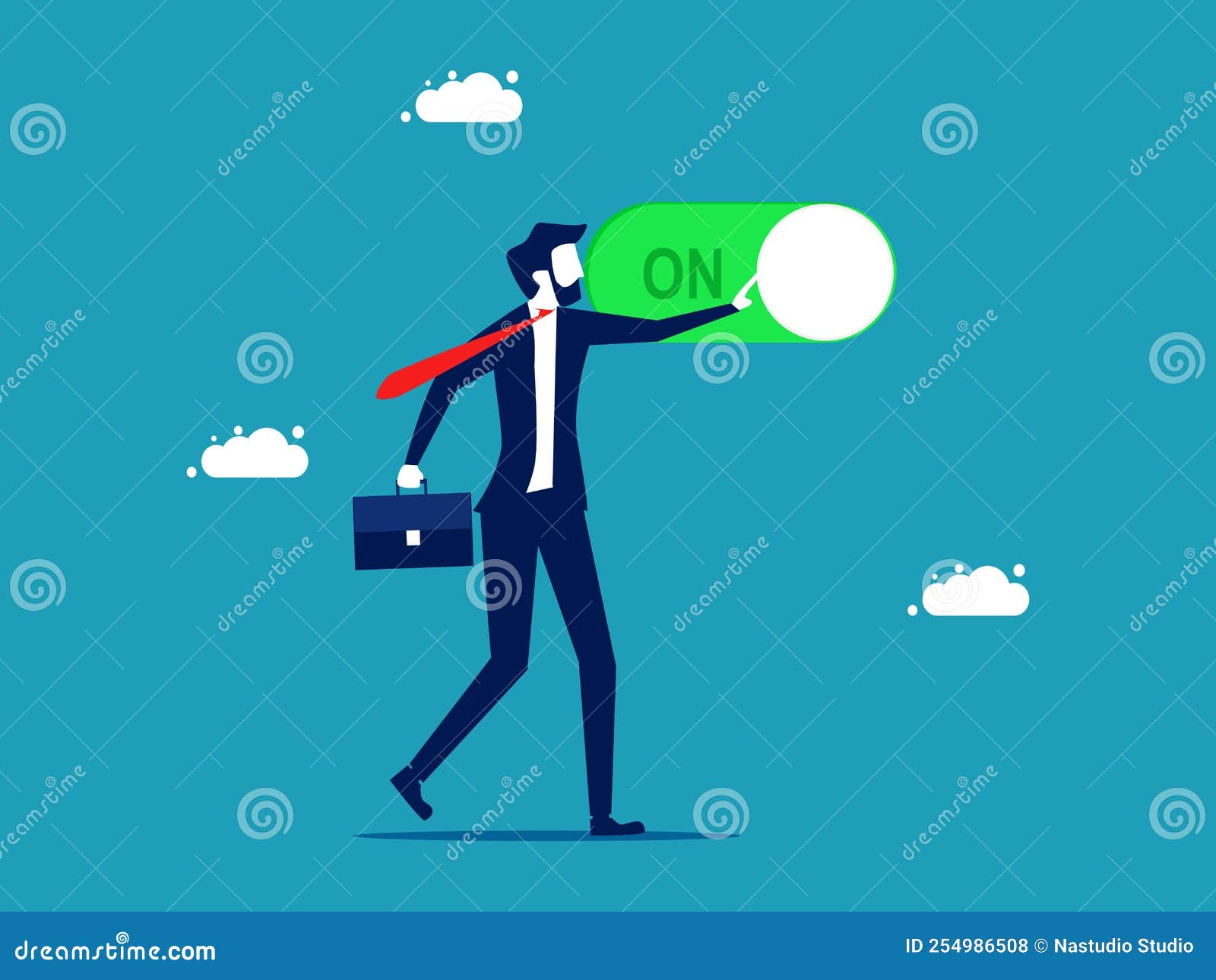Open Progress. Businessman Pressing the Green Open Button Stock Vector ...