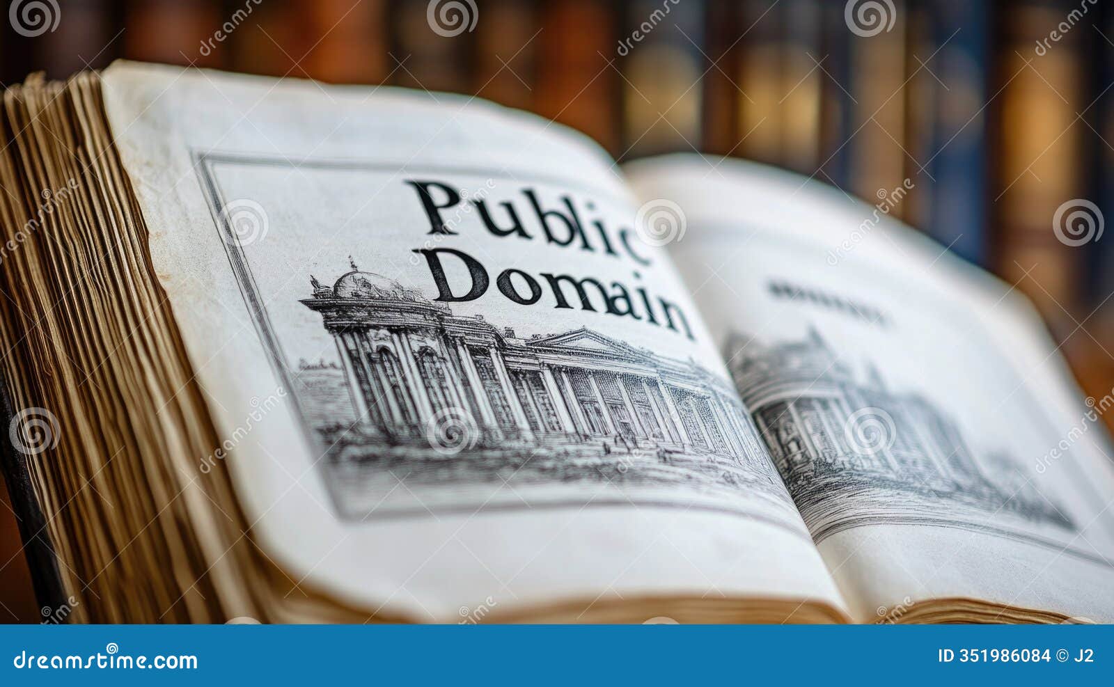 Open Public Domain Book with Architectural Illustration in a Library ...