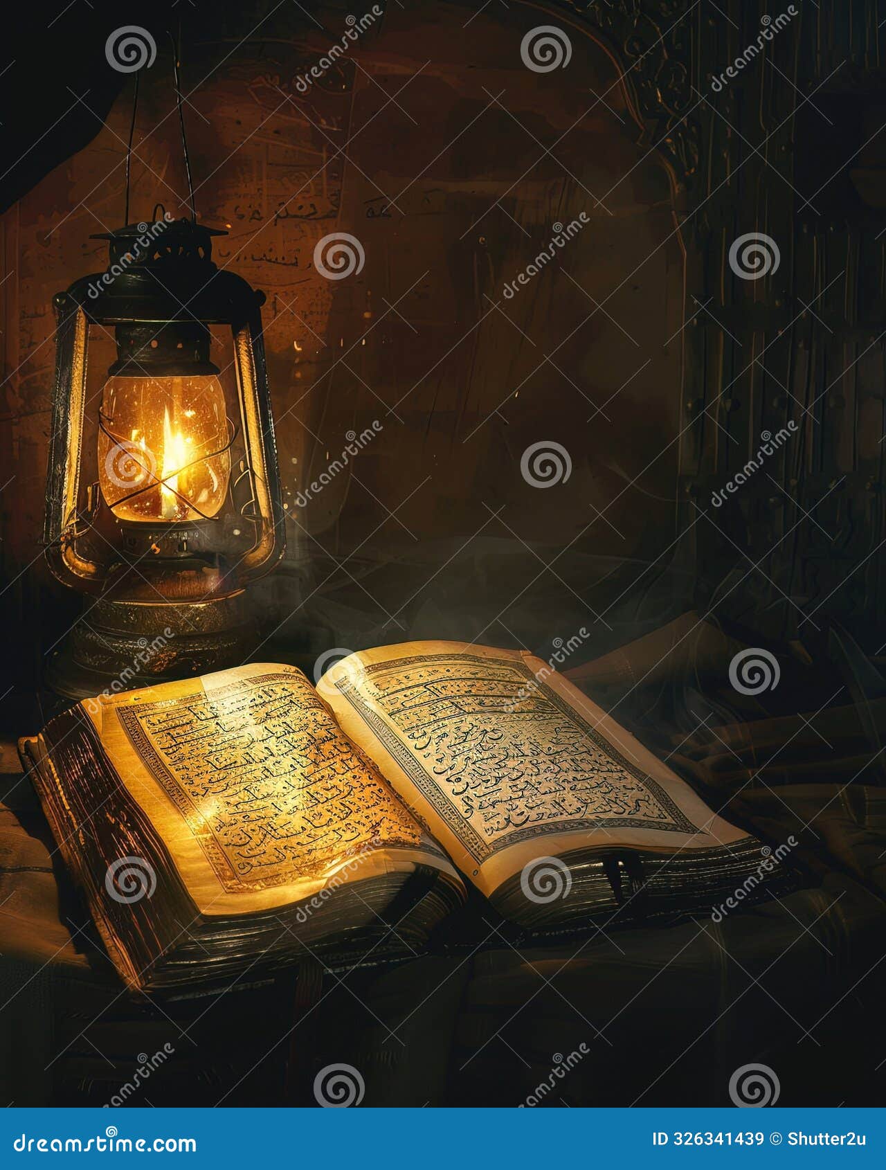 An Open Quran with Arabic Calligraphy Illuminated by the Light of a ...