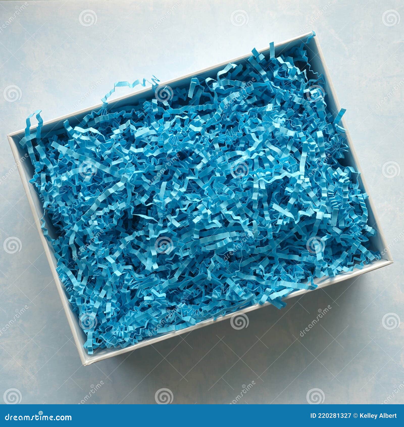 Rectangular White Box with Blue Crinkled Filler Shot from Above Stock ...