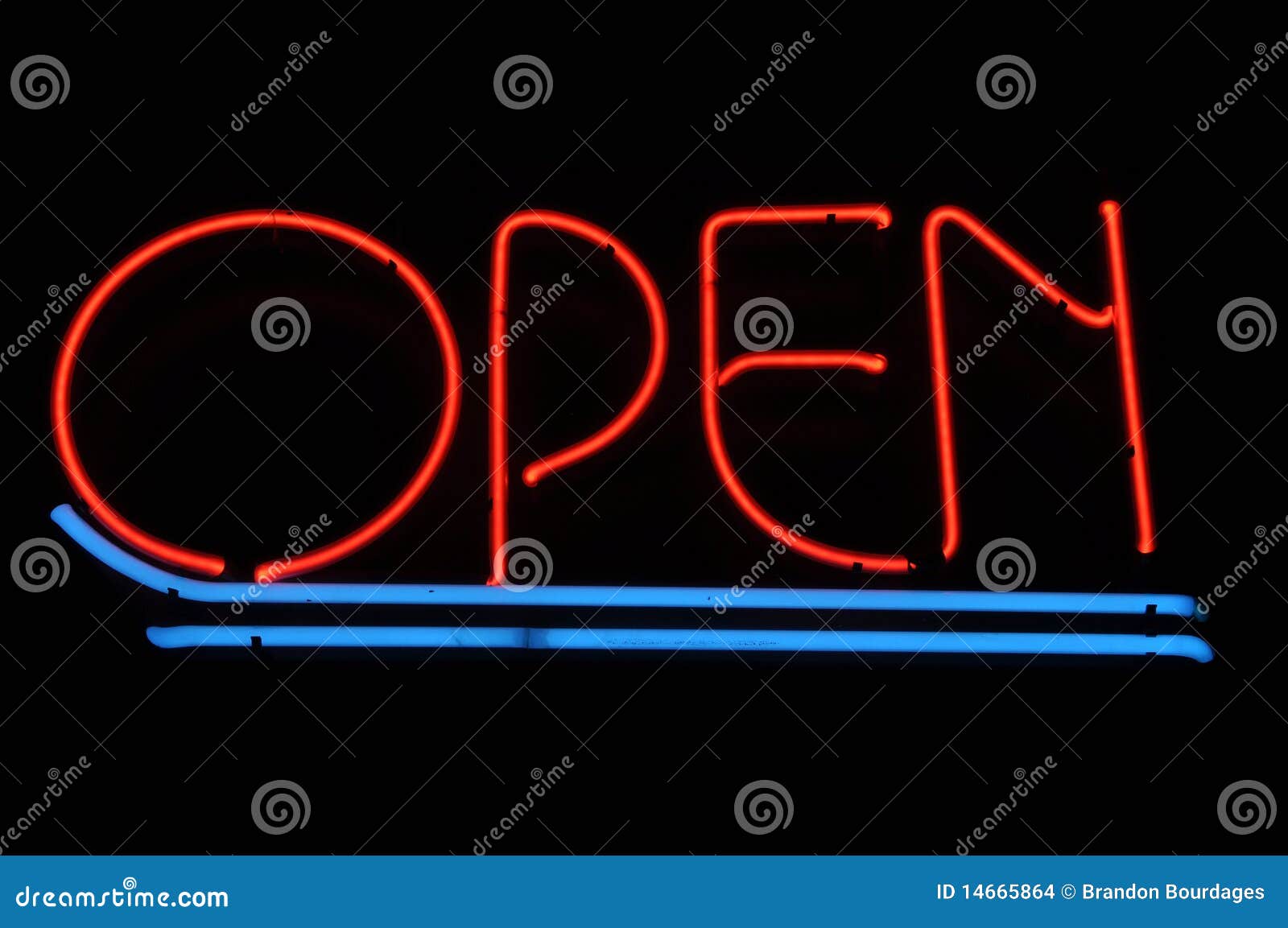Open Red and Blue Neon Sign Stock Photo - Image of building, signage ...
