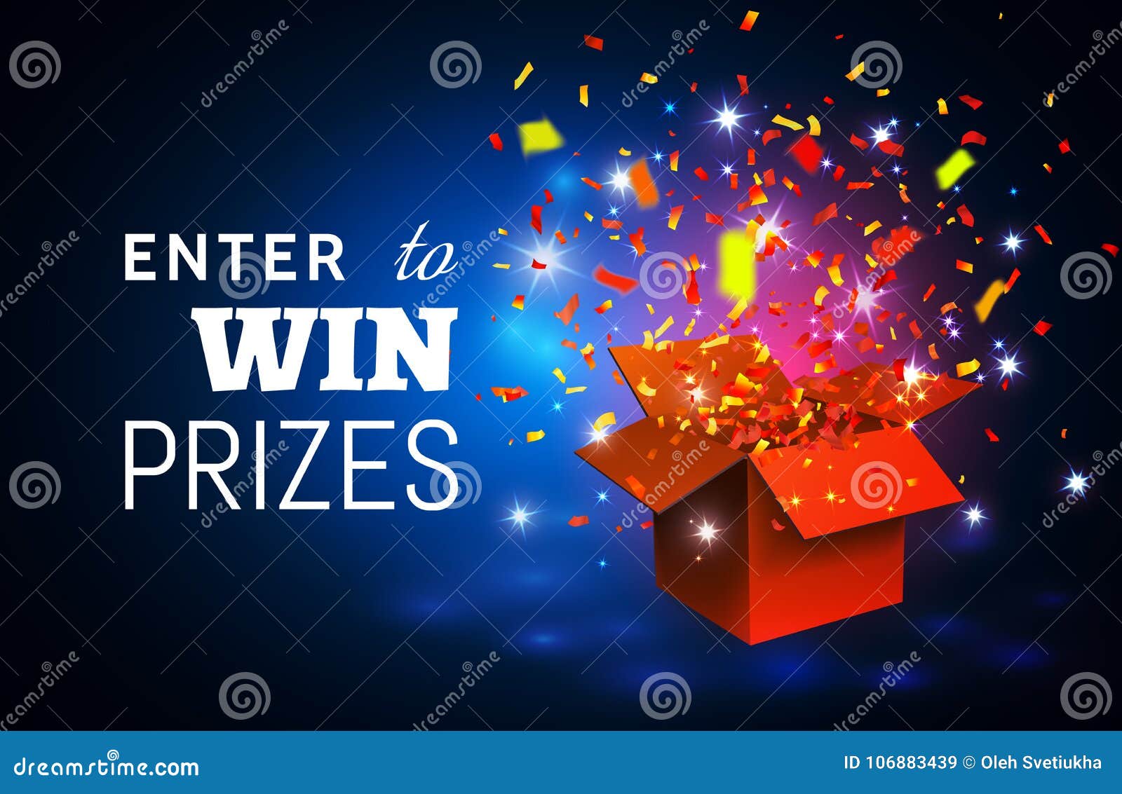 Open Red Gift Box and Confetti on Blue Background. Enter To Win Prizes ...