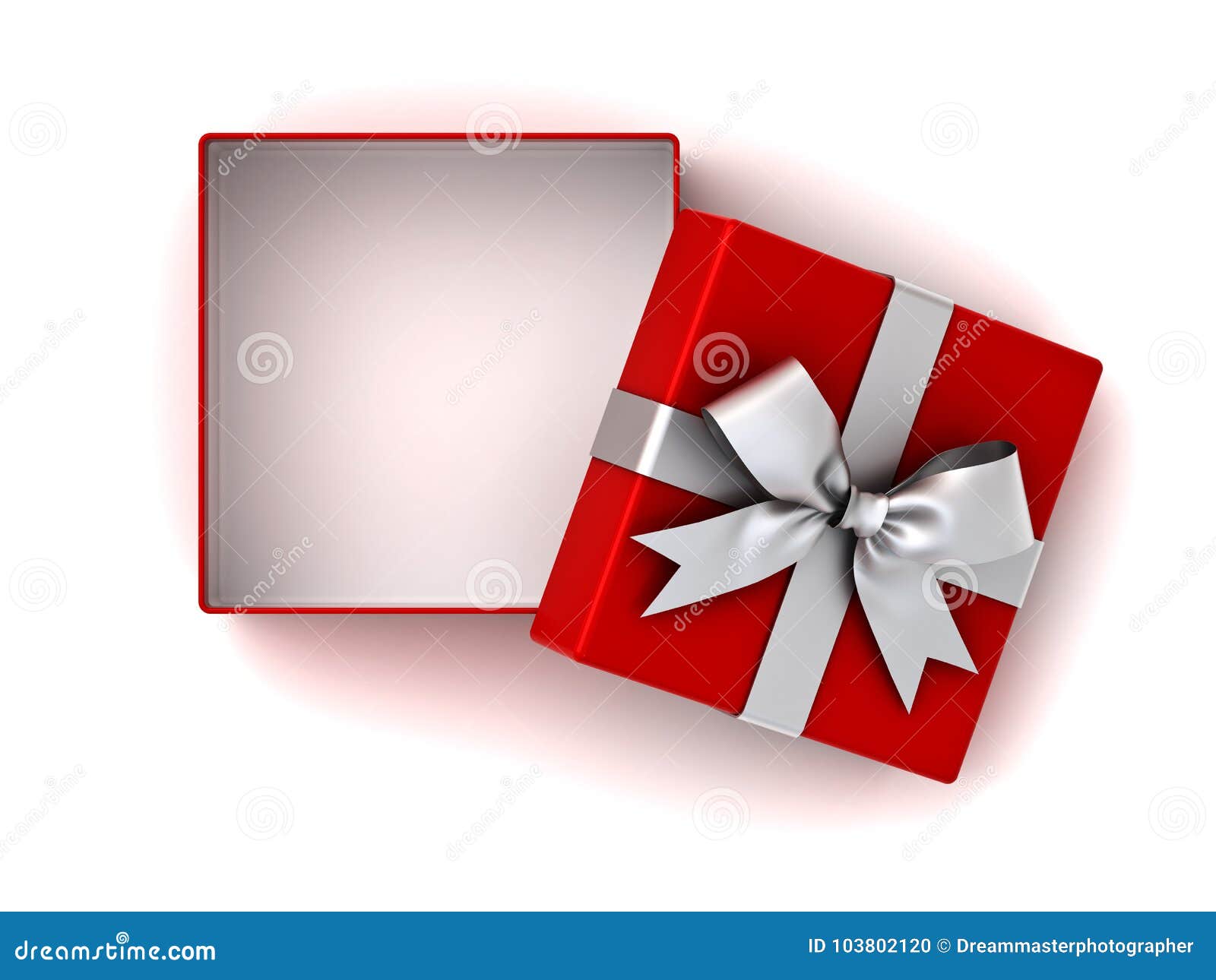Open Red Gift Box or Present Box with Silver Ribbon Bow and Empty Space ...
