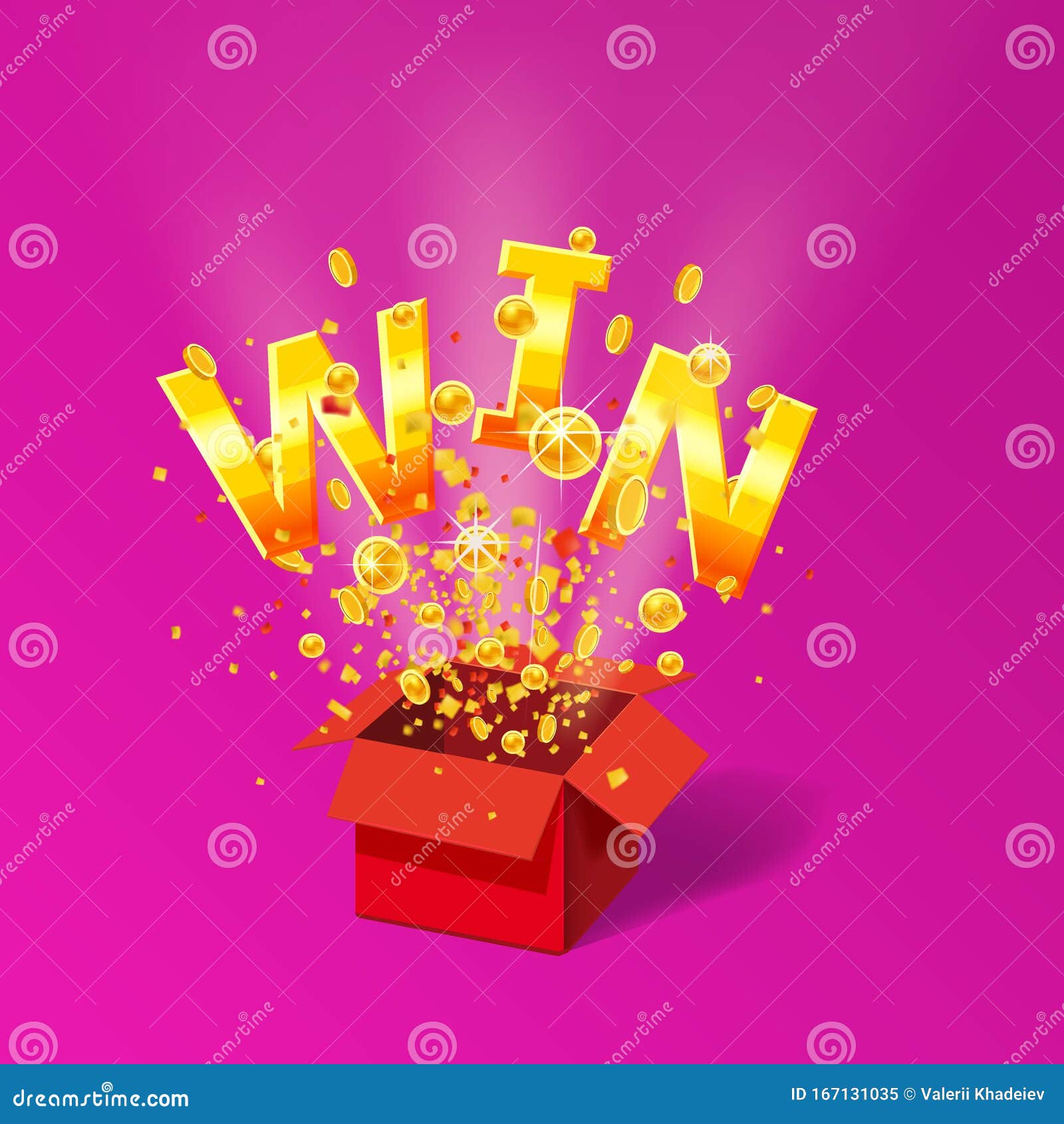 Open Red Gift Box WIN Gold Text with Coins and Confetti Explosion ...
