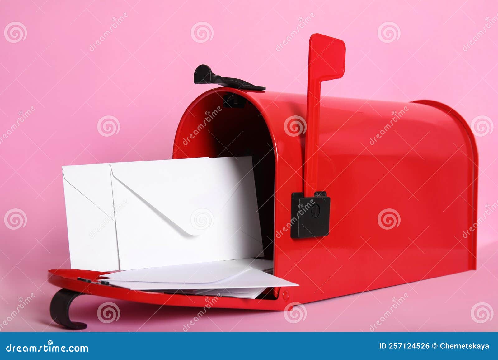 Open Red Letter Box with Envelopes on Pink Background, Closeup Stock ...
