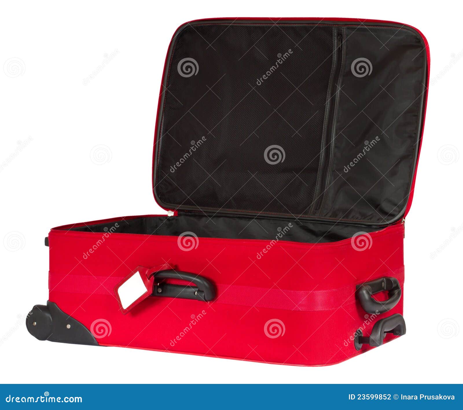 Open Red Suitcase with Blank Identification Tag Stock Photo - Image of ...