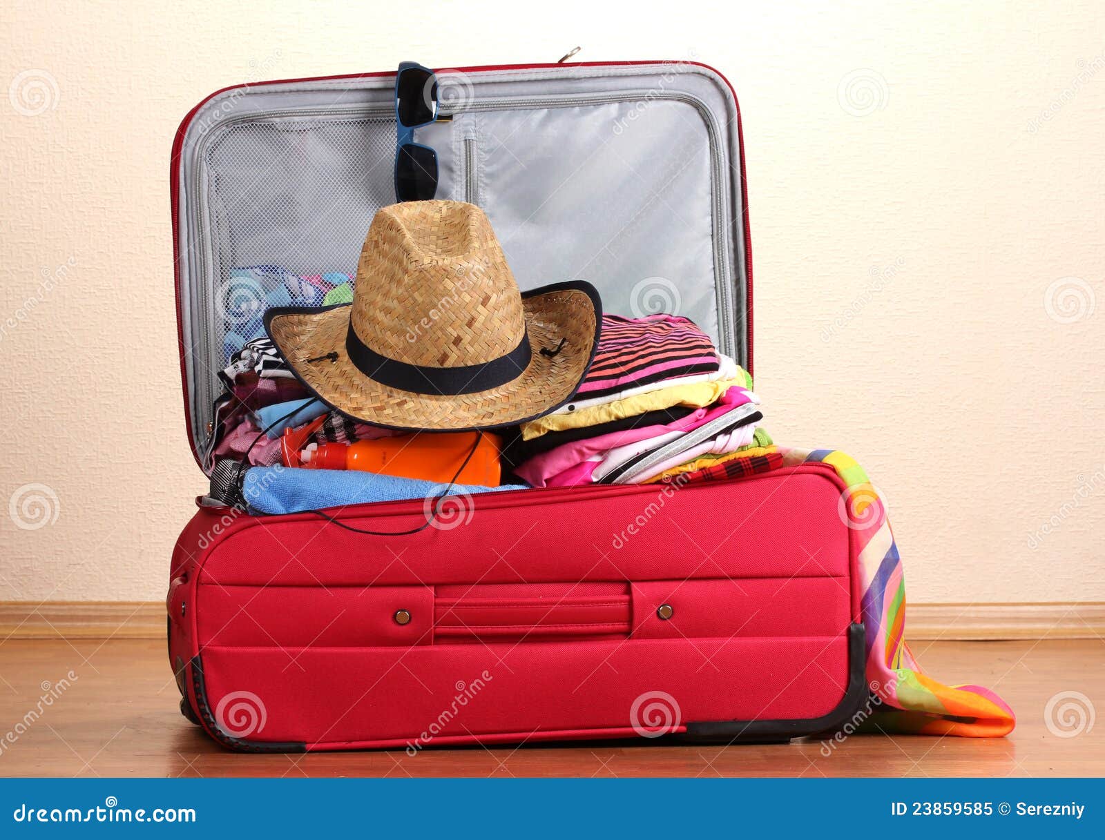 Open Red Suitcase with Clothing Stock Image - Image of open, glasses ...