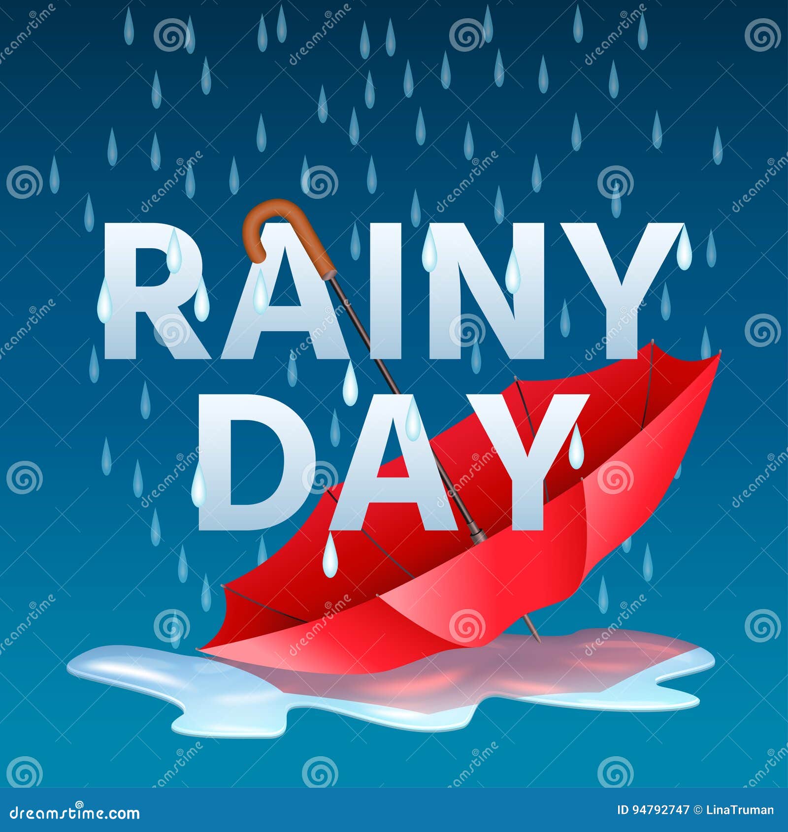 Open Red Umbrella in Puddles and Text Rainy Day with Rain Drops. Stock ...