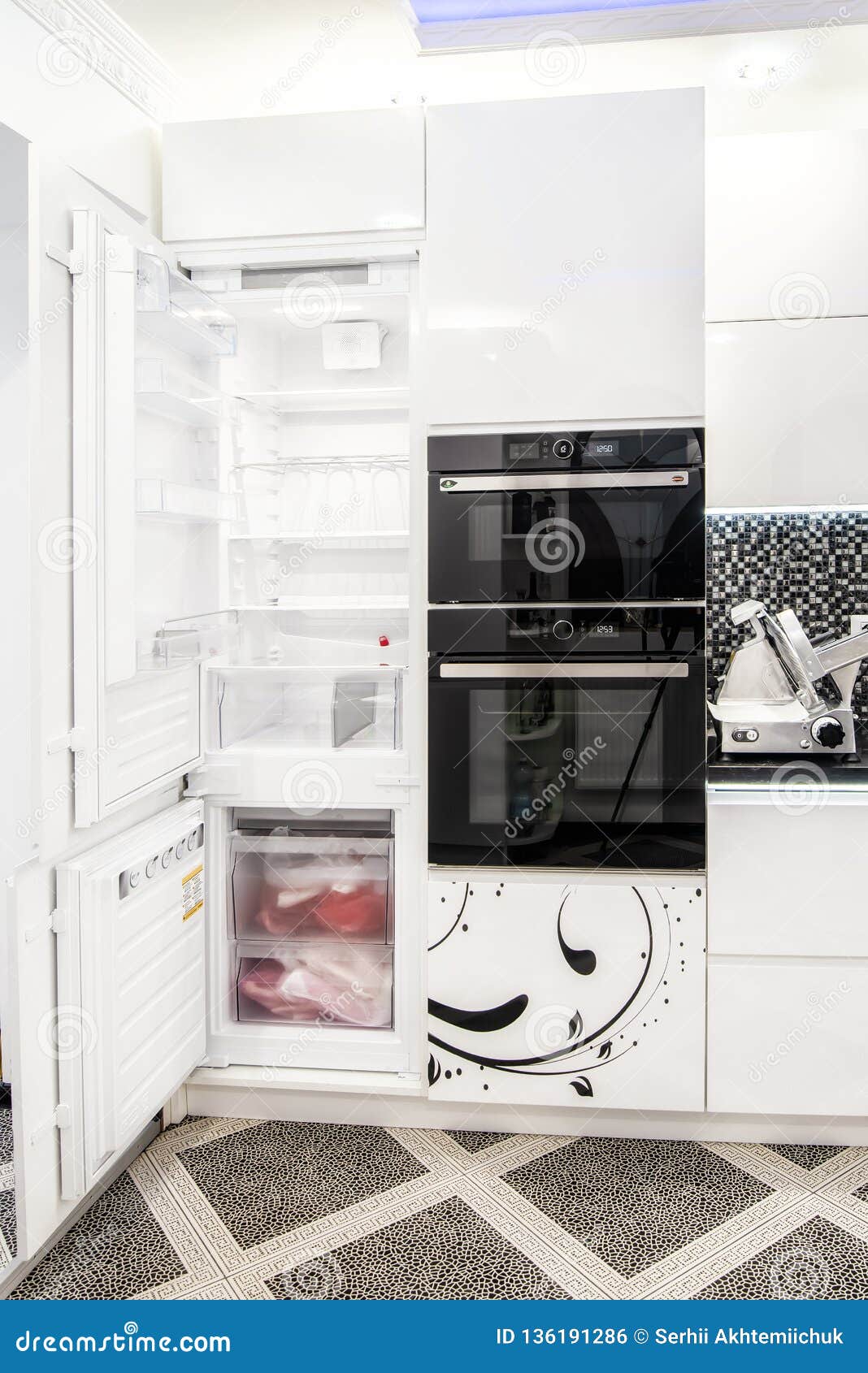 Open Refrigerator, Built-in Kitchen Furniture Stock Photo - Image of ...