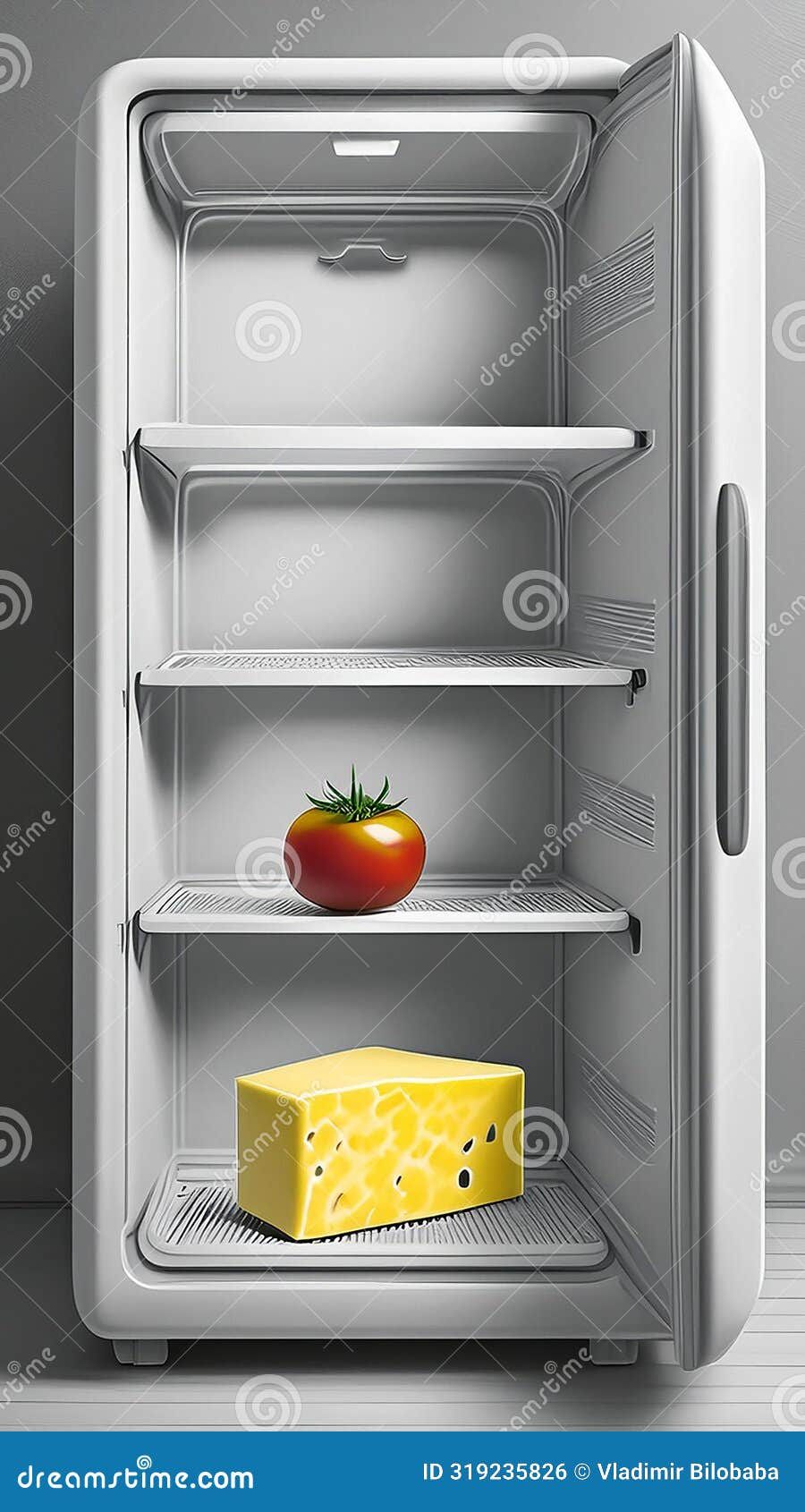 Open Refrigerator with Cheese Slice and Tomato Stock Illustration ...