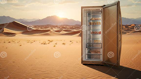 Open Refrigerator with Drinks and Food in the Desert Stock Illustration ...