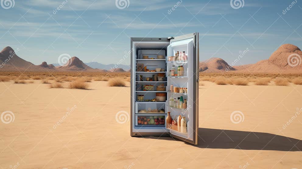 Open Refrigerator with Drinks and Food in the Desert Stock Illustration ...