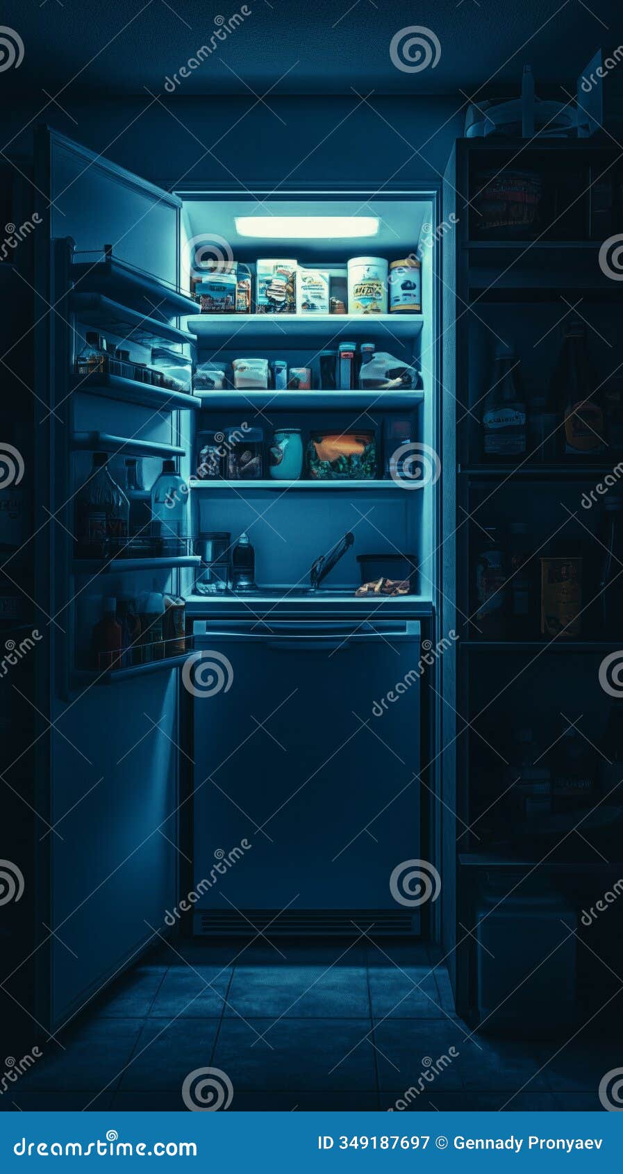 Open Refrigerator Full of Food and Drink Items Illuminated by Blue ...