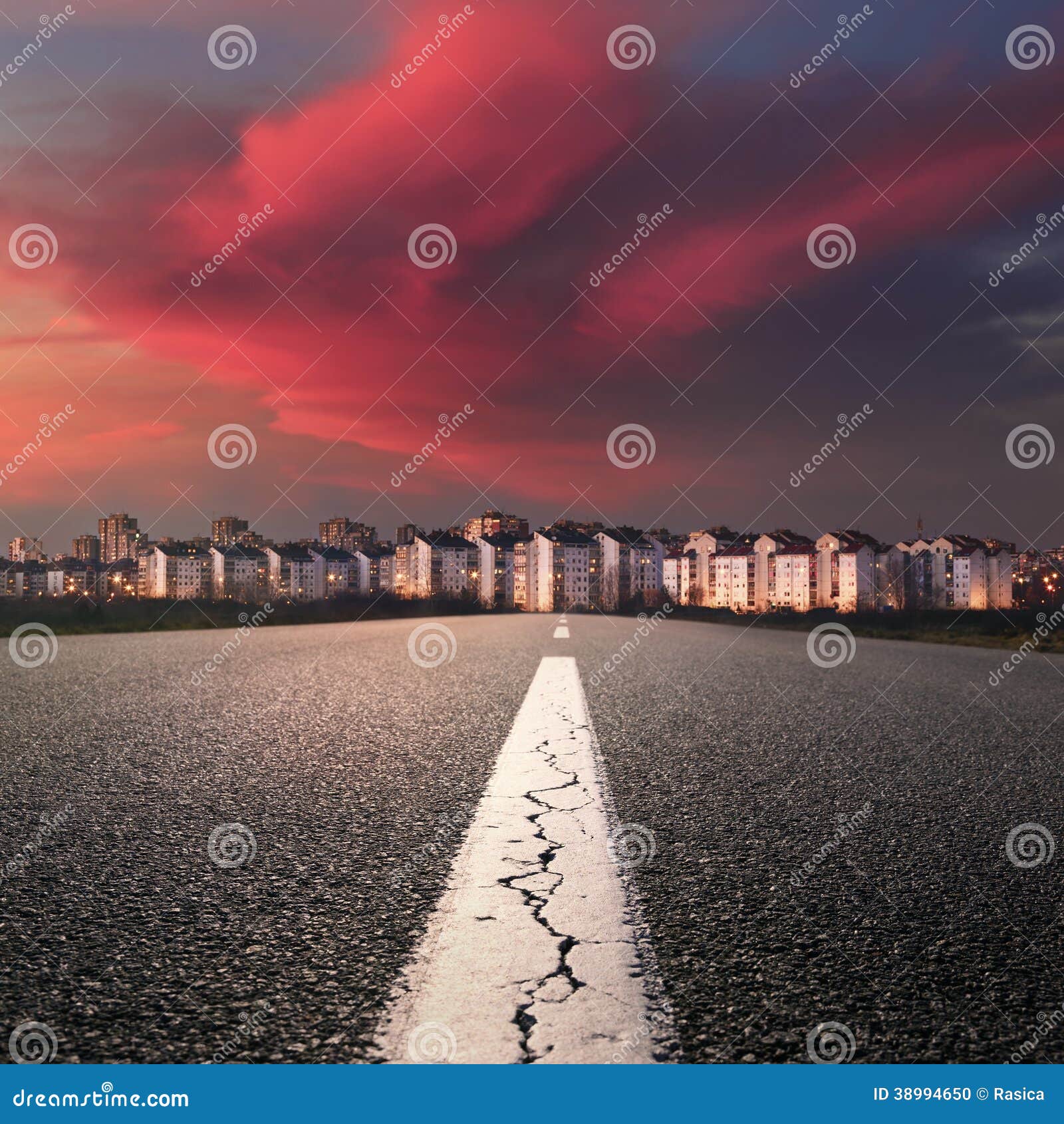 Open Road. Entry into the City at Sunset Stock Photo - Image of highway ...