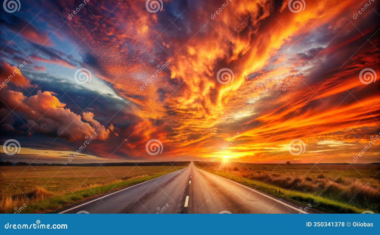 Open Road Sunset Fiery Sky, Asphalt Path Stock Illustration ...