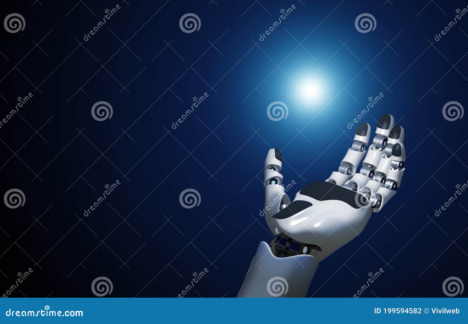 Open Robotic Hand Holds a Point of Light on Blue Background Stock ...