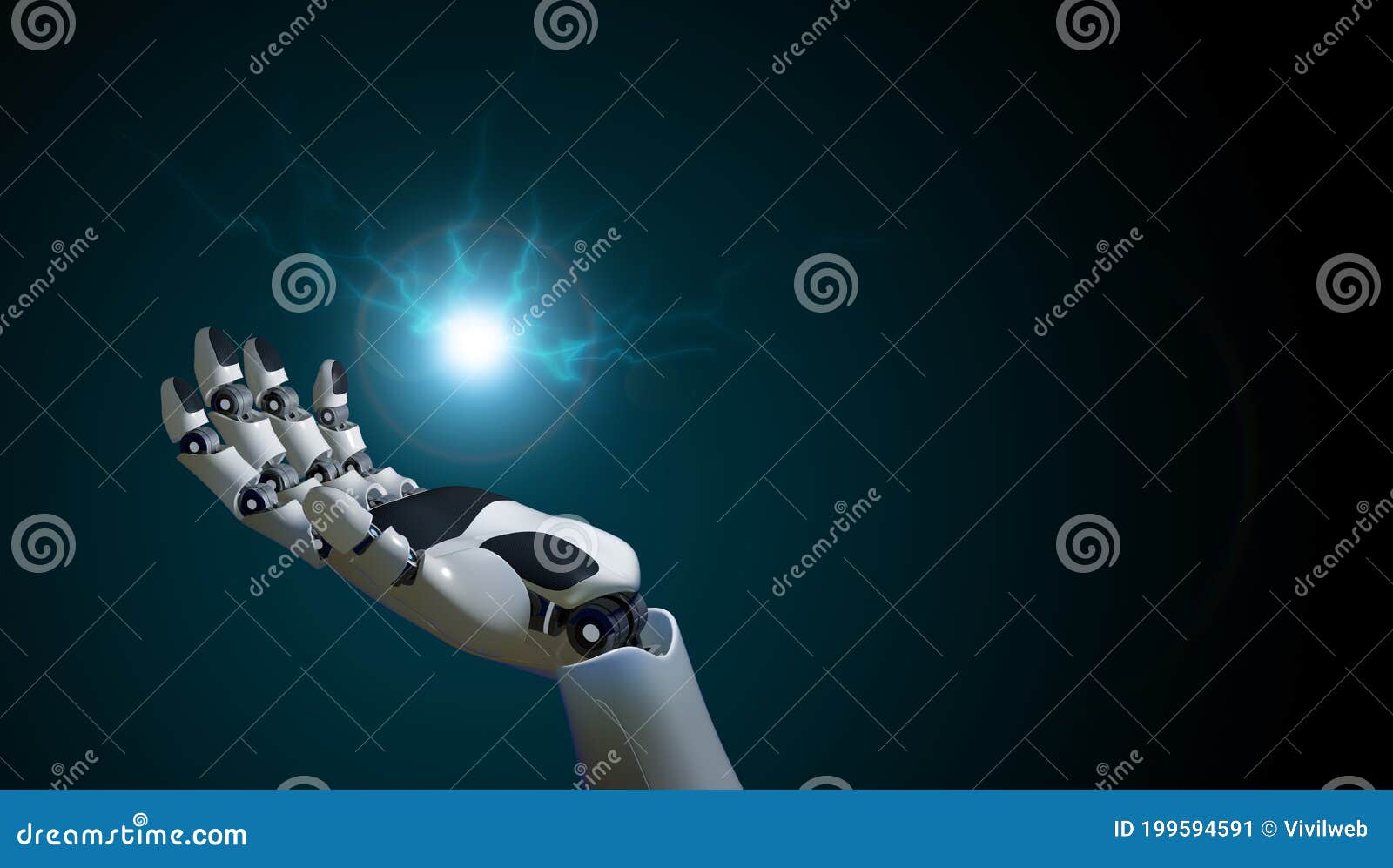 Open Robotic Hand Shows a Light Source Charged with Energy Stock ...